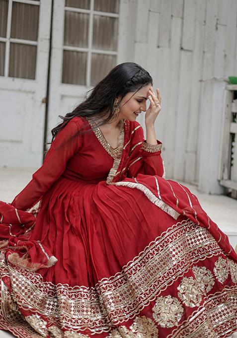 Buy Women Maroon Sequin Embroidered Faux Blooming Gown With Dupatta ...