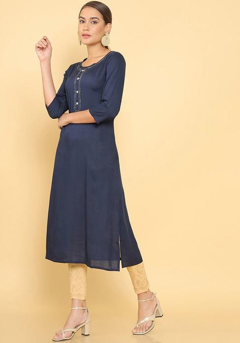Buy Women Women Navy Blue Thread Work Kurta - 18704438 - Straight ...