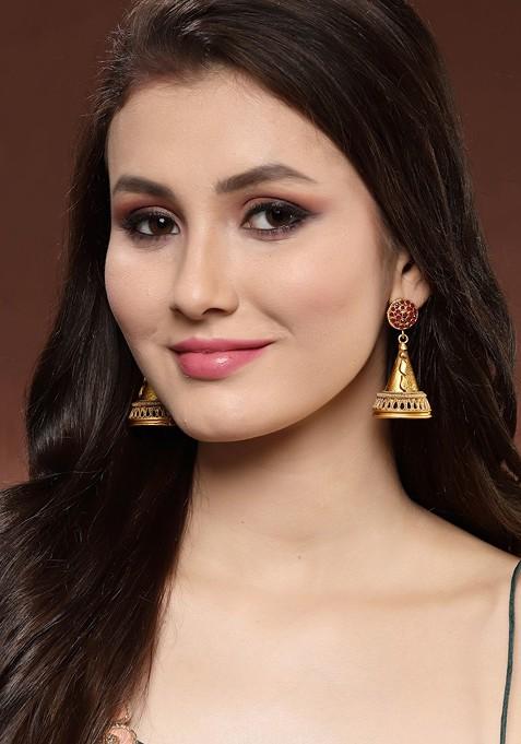 Buy Women Gold Toned And Red Dome Shaped Jhumkas Earrings - 20464108 ...