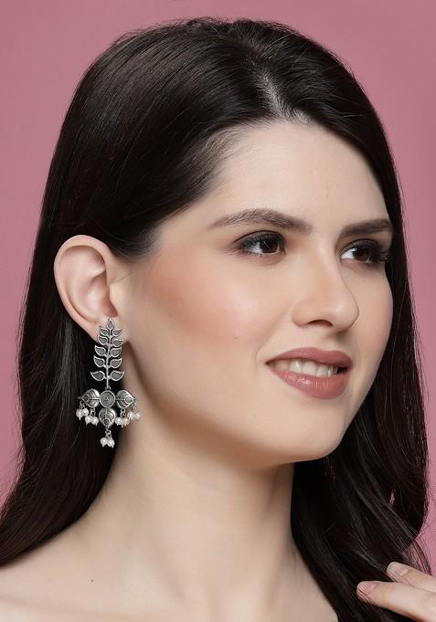 Buy Women Silver Plated Pearls Oxidised Leaf Shaped Drop Earrings ...