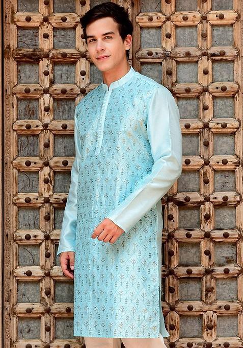 Buy Ethnic Motifs Embroidered Mandarin Collar Sequined Straight Kurta ...