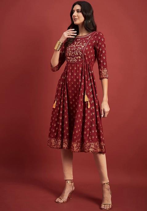 Buy Women Maroon Ethnic Motifs Printed Thread Work A Line Kurta ...