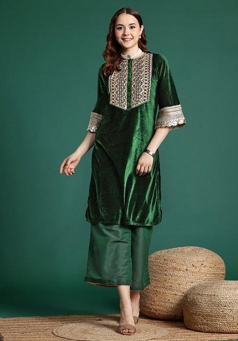 Buy Women Velvet Finish Embroidered Kurta Set - 28459154 - Velvet - Indya