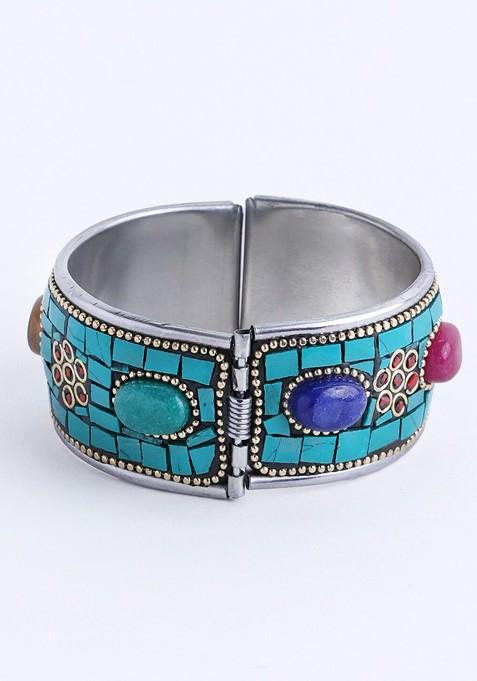 Buy Women Women Turquoise Blue Oxidised Stone Studded Silver Plated ...