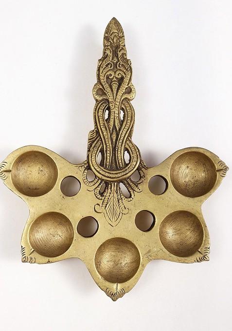 Buy Women Exotic India Five Wicks Handheld Arti Lamp Gold-Toned Brass ...