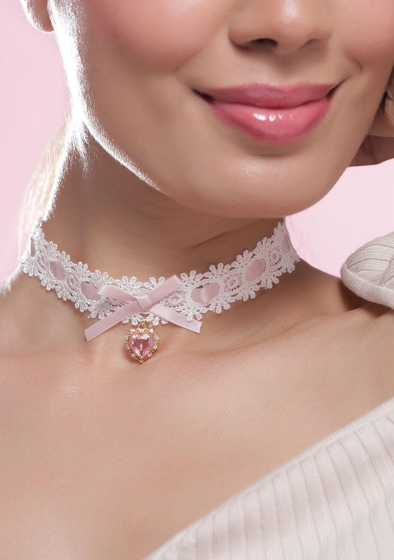 Buy Women Elegant White Lace Choker With Pink Heart Crystal Pendant And Bow Accent 30793677 Fashion Jewelry Indya
