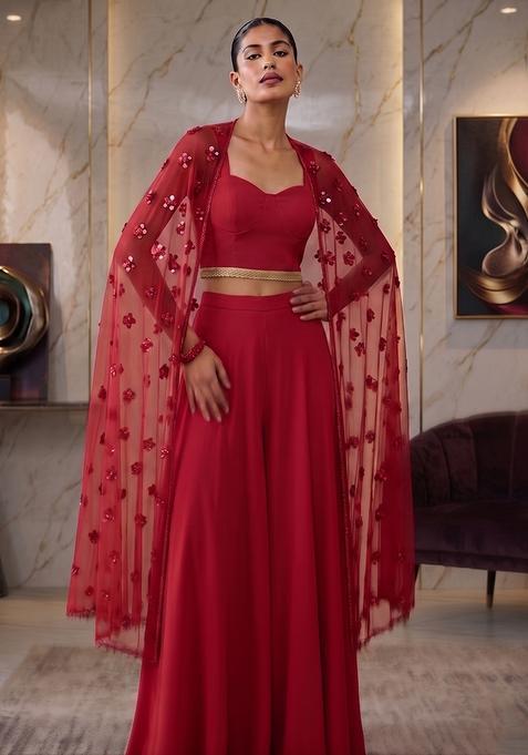 Buy Women Cherry Red Crepe Embellished Fusion Set - AIF09308 - Sets - Indya