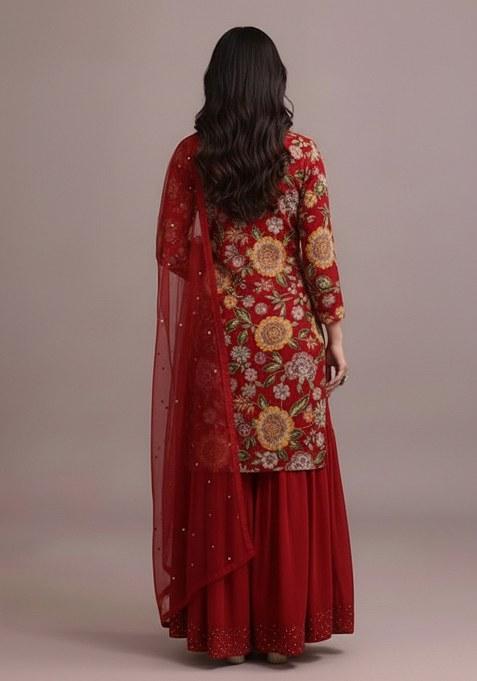 Buy Women Deep Red Embroidered Crepe Sharara Set - AIK01617 - Three ...