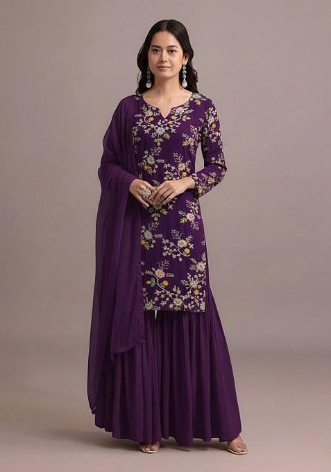 Buy Women Purple Embroidered Crepe Sharara Set - AIK01619 - Sharara ...