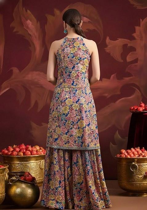 Buy Women Multi Color Floral Embroidery Crepe Sharara Set - AIK01702 ...