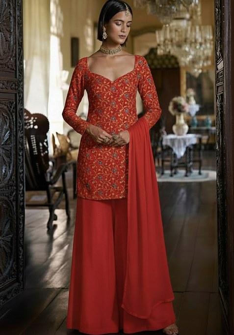 Buy Women Red Embroidered Silk Sharara Set - AIK01821 - Sharara Sets ...