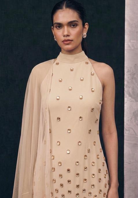 Buy Women Beige Hand Work Sharara Set - AIK07437 - Sharara Sets - Indya