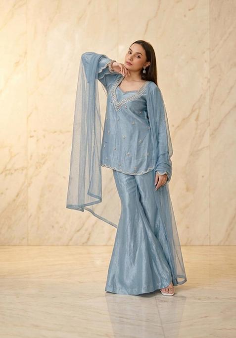 Buy Women Powder Blue Embroidered Handwork Sharara Set - AIK07487 ...