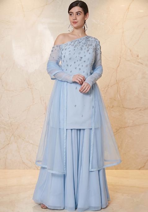 Buy Women Sky Blue Embroidered Handwork Sharara Set - AIK07498 ...