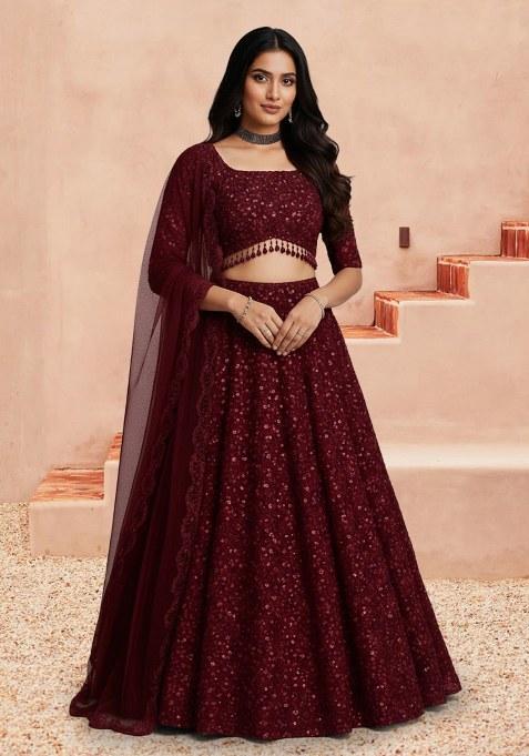Buy Women Deep Burgundy Sequin Net Lehenga Set - AIL02728 - Light ...
