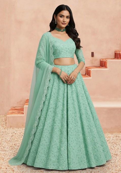 Buy Women Aqua Mint Sequin Net Lehenga Set - AIL02729 - Light Lehengas ...