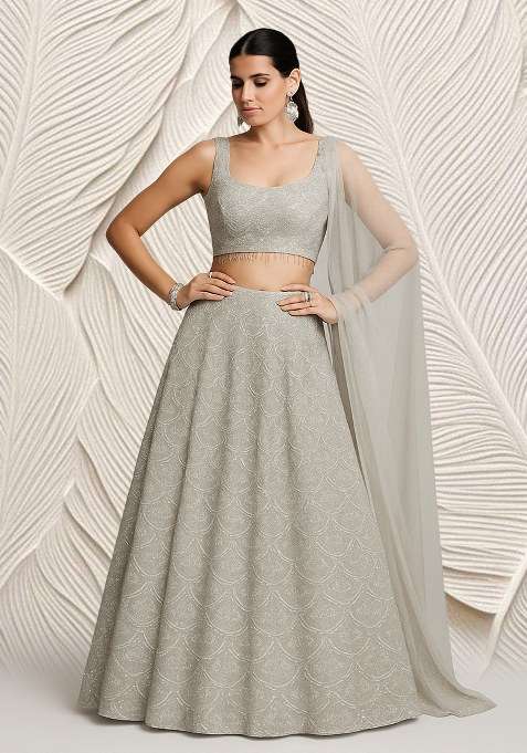 Buy Women Silver Grey Embroidered Net Lehenga Set - AIL02734 - Light ...