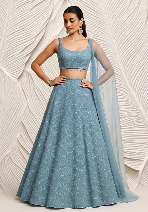 Buy Women Dusty Blue Embroidered Net Lehenga Set - AIL02735 - Light ...