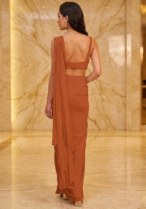 Buy Women Rust Orange Embroidered Handwork Pre Draped Saree Set ...