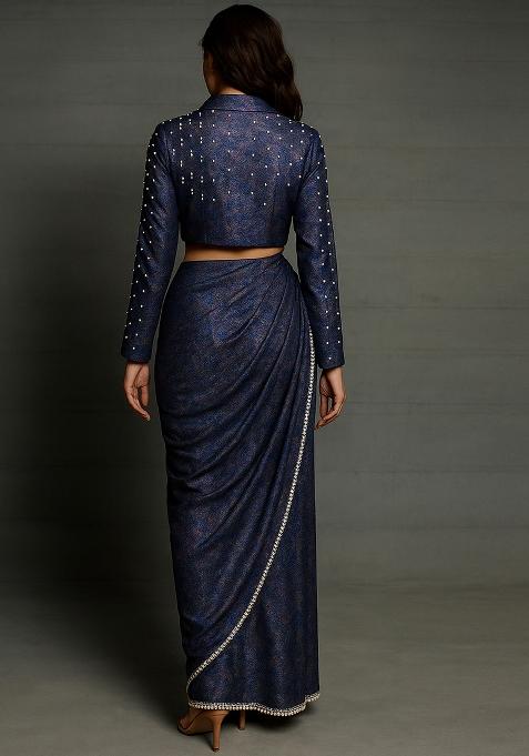 Buy Women Blue Foil Print Crushed Milano Satin Pre Draped Saree Set ...