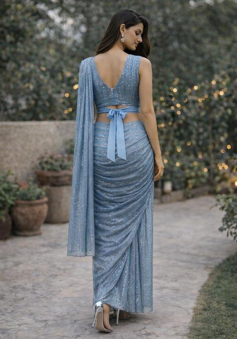 Buy Women Blue Sequins Embroidery Net Pre Draped Saree Set - AIS02493 ...