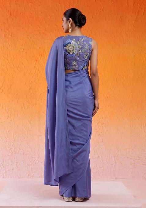 Buy Women Periwinkle Blue Embroidered Organza Pre Draped Saree Set ...