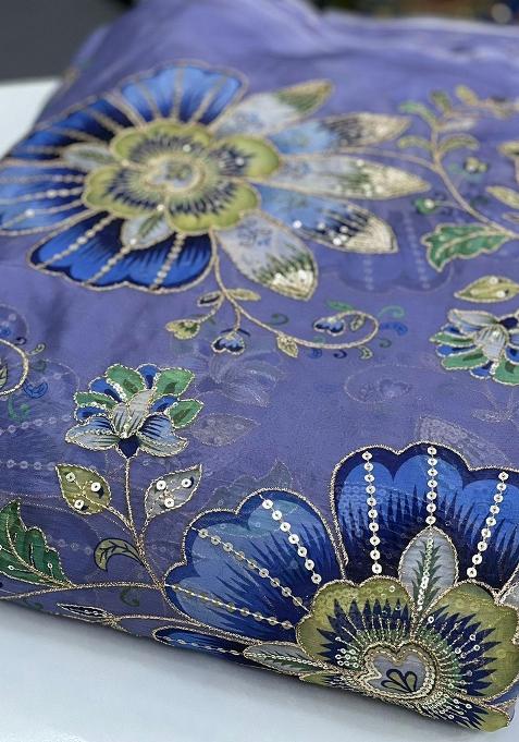 Buy Women Periwinkle Blue Embroidered Organza Pre Draped Saree Set ...