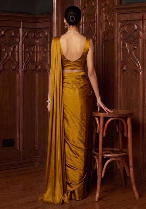 Buy Women Mustard Yellow Handwork Pre Draped Saree Set - AIS11142 - Pre ...