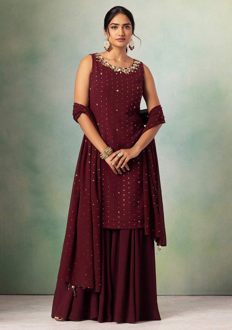 Buy Women Deep Maroon Sharara Set With Teekli Hand Embroidered Kurta ...
