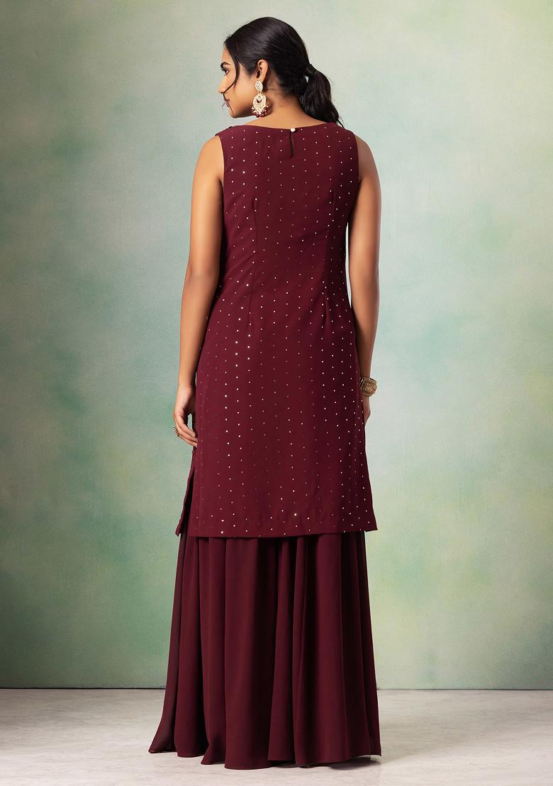 Buy Women Deep Maroon Sharara Set With Teekli Hand Embroidered Kurta ...