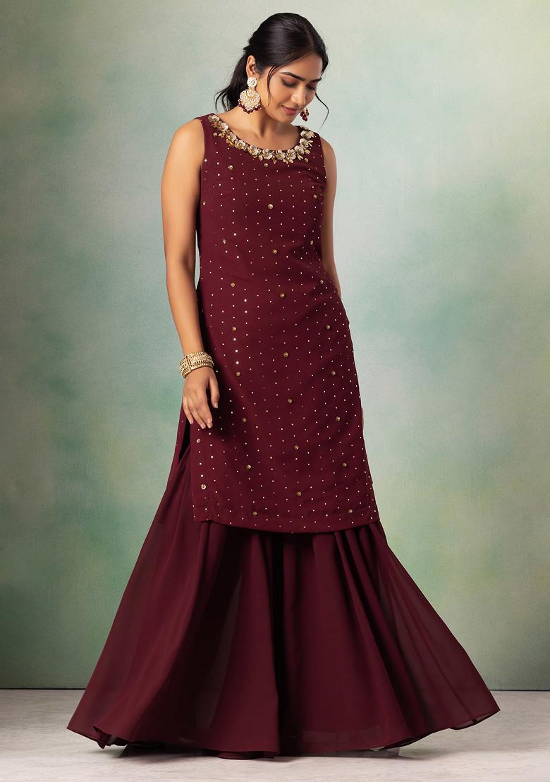 Buy Women Deep Maroon Sharara Set With Teekli Hand Embroidered Kurta ...