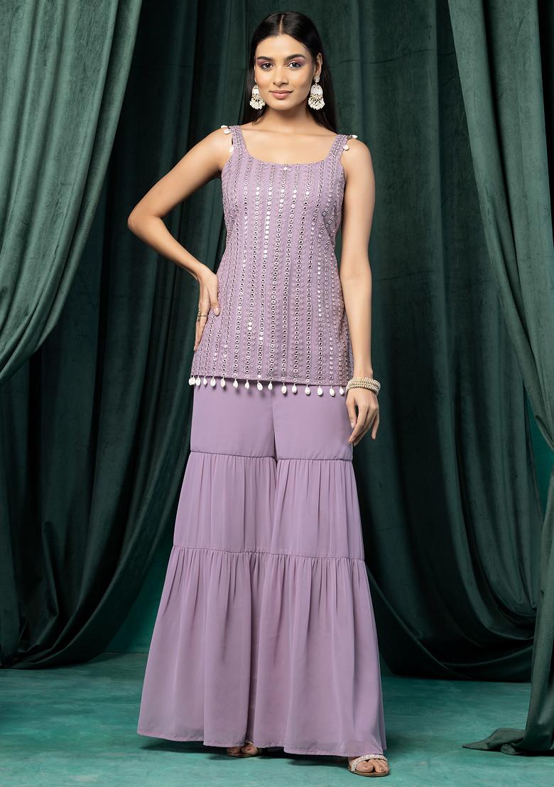 Buy Women Lavender Sharara Set With Mirror Thread Embroidered Kurta And Dupatta - BLK00060 ...