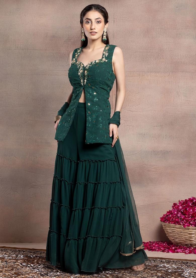 Buy Women Dark Green Sharara Set With Mirror Thread Embroidered Kurta ...