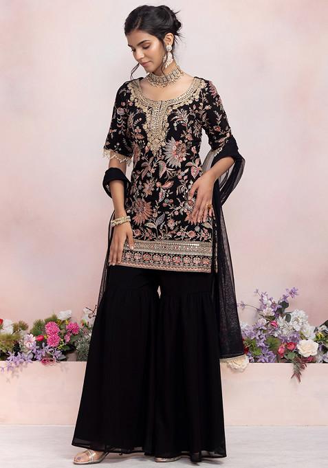 Buy Women Black Sharara Set With Multicolour Floral Zari Embroidered Kurta And Dupatta ...