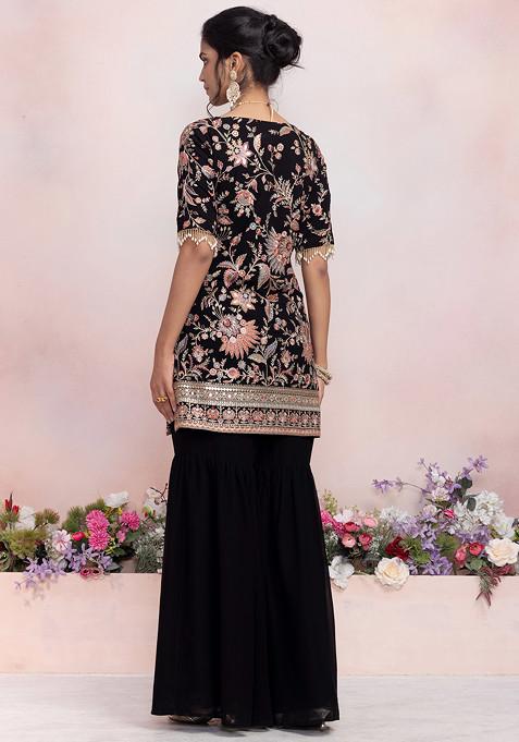 Buy Women Black Sharara Set With Multicolour Floral Zari Embroidered Kurta And Dupatta ...