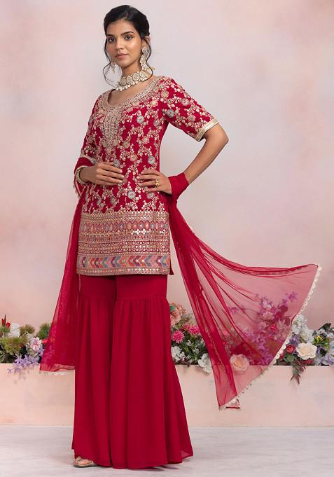 Buy Women Fuchsia Pink Sharara Set With Multicolour Floral Zari ...