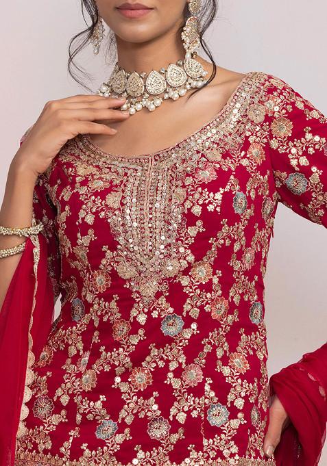 Buy Women Fuchsia Pink Sharara Set With Multicolour Floral Zari ...