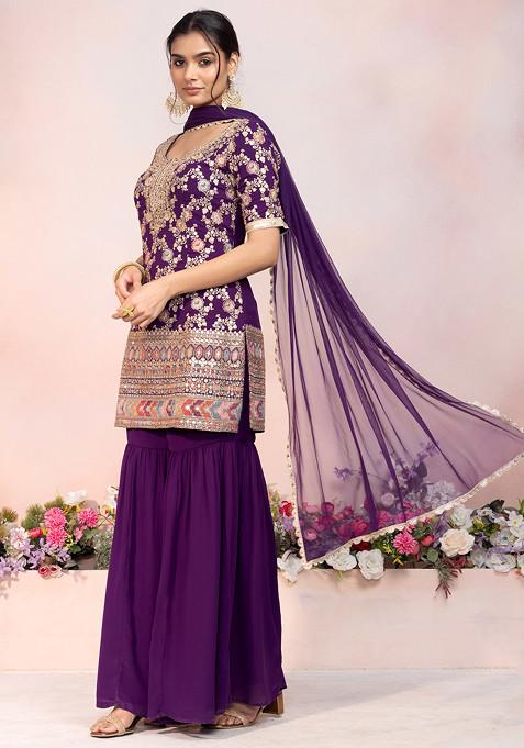 Buy Women Purple Sharara Set With Multicolour Floral Zari Embroidered Kurta And Mesh Dupatta ...