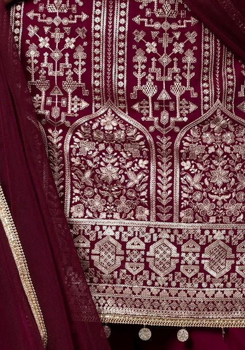 Buy Women Purple Sharara Set With Sequin Thread Chevron Embroidered ...