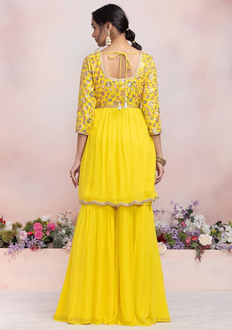 Buy Women Yellow Sharara Set With Multicolour Sequin Thread Embroidered ...