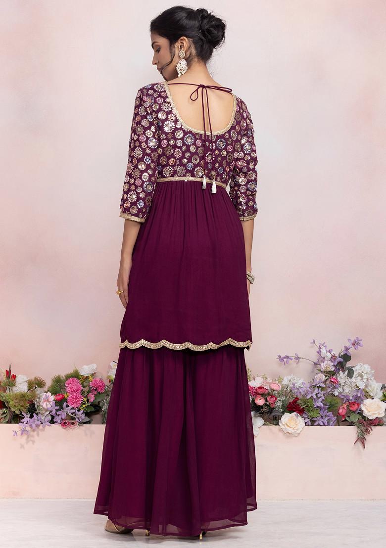 Buy Women Dark Purple Sharara Set With Multicolour Sequin Thread Embroidered Kurta And Dupatta ...