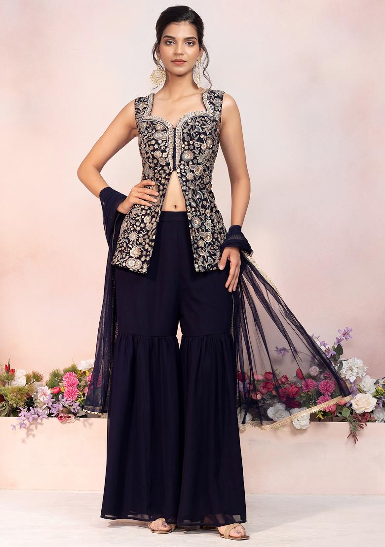 Buy Women Navy Blue Sharara Set With Floral Jaal Thread Embroidered ...