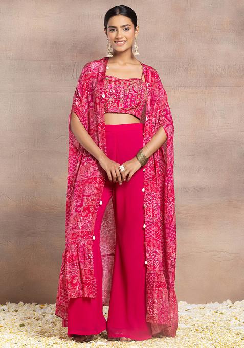 Buy Women Berry Pink Printed Jacket Set With Hand Embroidered Blouse ...