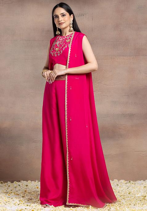 Buy Women Fuchsia Pink Jacket Set With Sequin Embroidered Blouse And ...