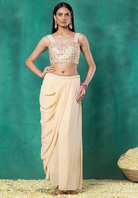 Buy Women Beige Mesh Jacket Set With Mirror Thread Embroidered Blouse ...