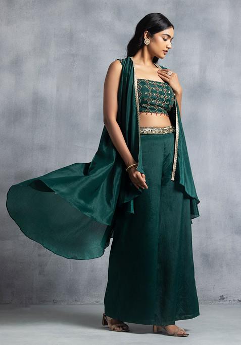 Buy Women Deep Green Jacket Set With Sequin Crystal Embroidered Blouse ...