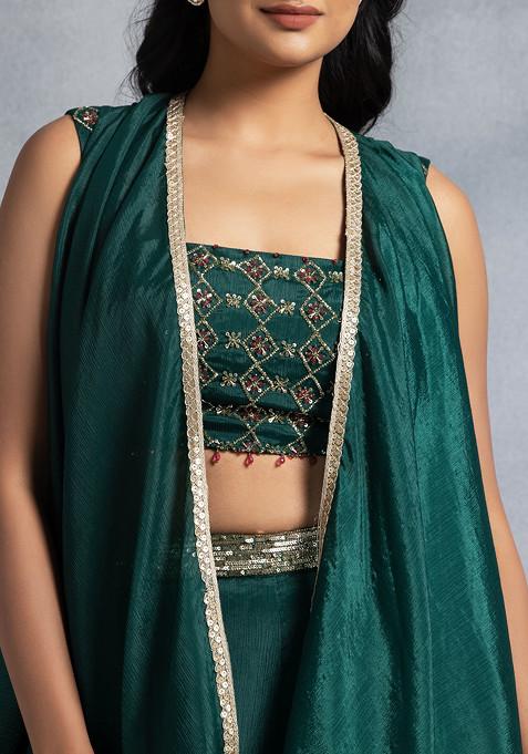 Buy Women Deep Green Jacket Set With Sequin Crystal Embroidered Blouse ...
