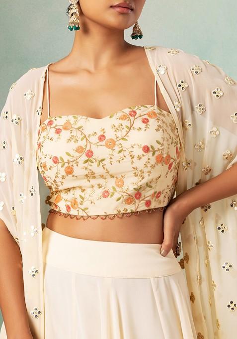 Buy Women Ivory Lehenga Set With Multicolour Floral Embroidered Blouse