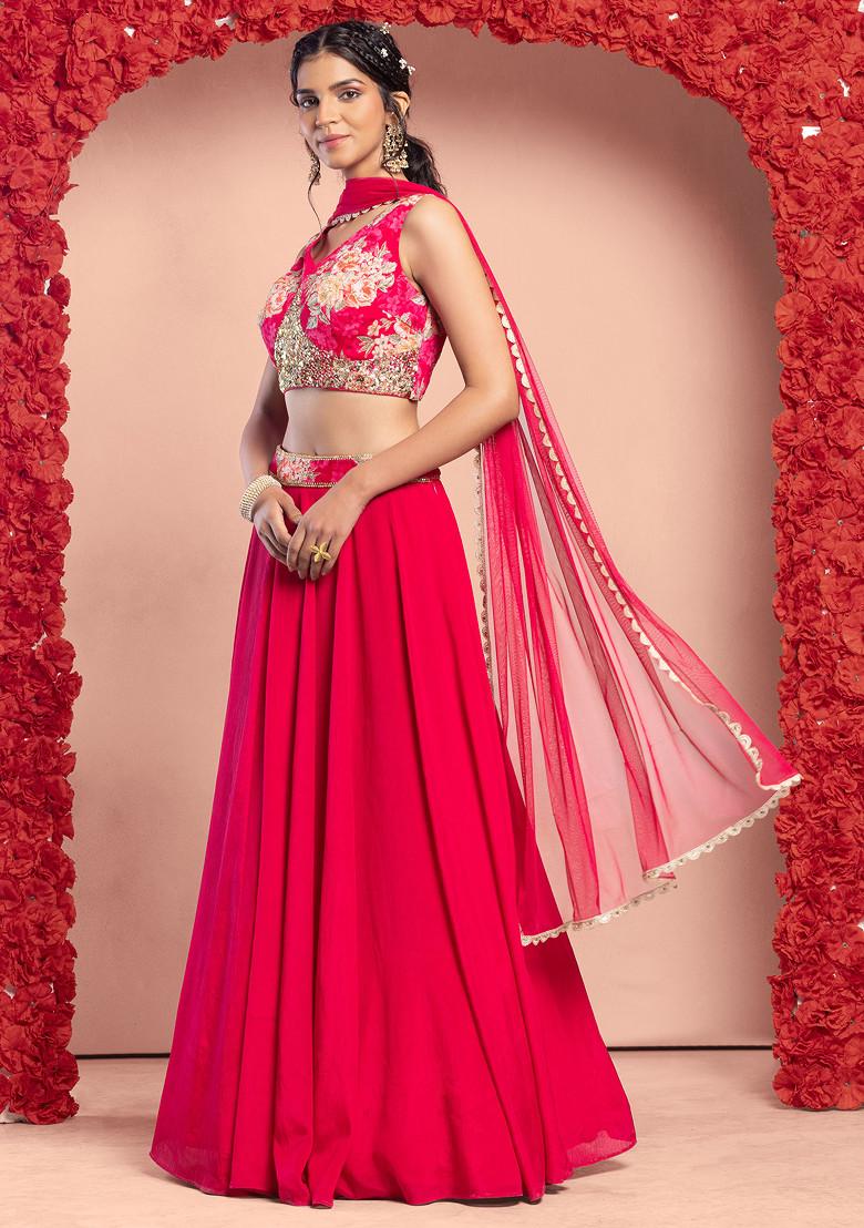 Buy Women Hot Pink Lehenga Set With Floral Print Zari Embroidered ...