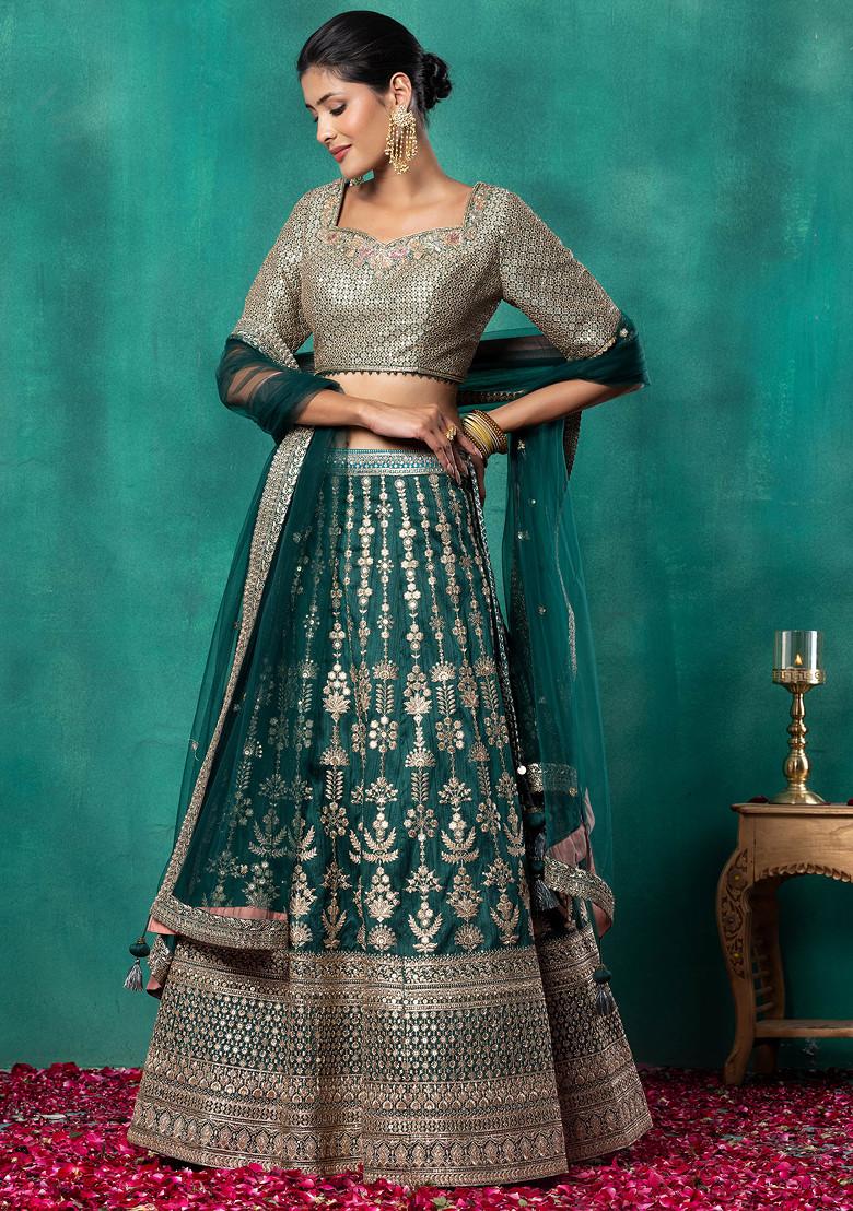 Buy Women Deep Green Floral Zari Sequin Embroidered Bridal Lehenga Set